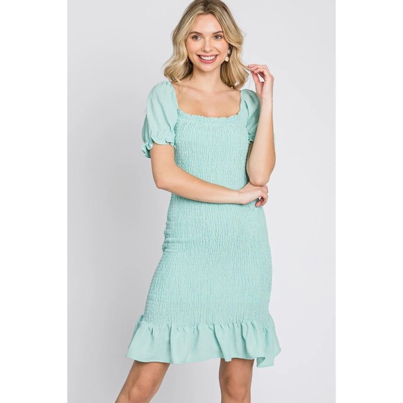 BiBi | Dresses | Bibi Mint Green Puff Sleeve Smocked Bodycon Mini Dress ...